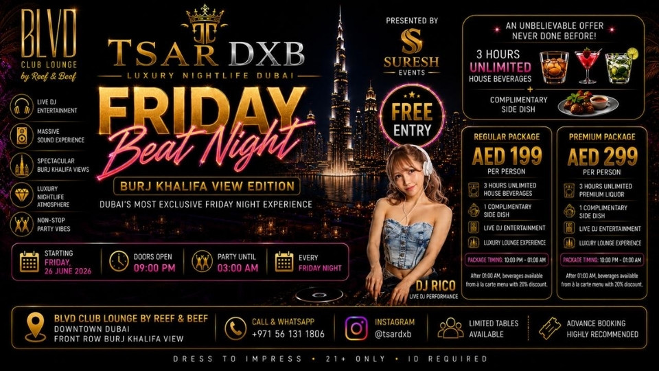 Tickets to TSARDXB FRIDAY BEAT NIGHT AT BLVD CLUB Lounge by Reef & Beef ...